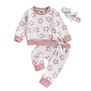 Douhoow Infant Baby Fall Outfit Baby Girl Flowers Sweatshirt Drawstring Pants Baby Girl Clothes Set (Pink, 0-6 Months)