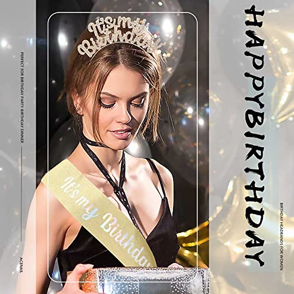 Acenail Birthday Headbands Women Birthday Sash Happy Birthday Headband Rhinestone Birthday Queen Crowns and Tiaras Birthday Princess Crown Birthday Queen Tiara Birthday Head Band Set Crystal Birthday Decorations Girls Birthday Hair Accessories (B-Gold)