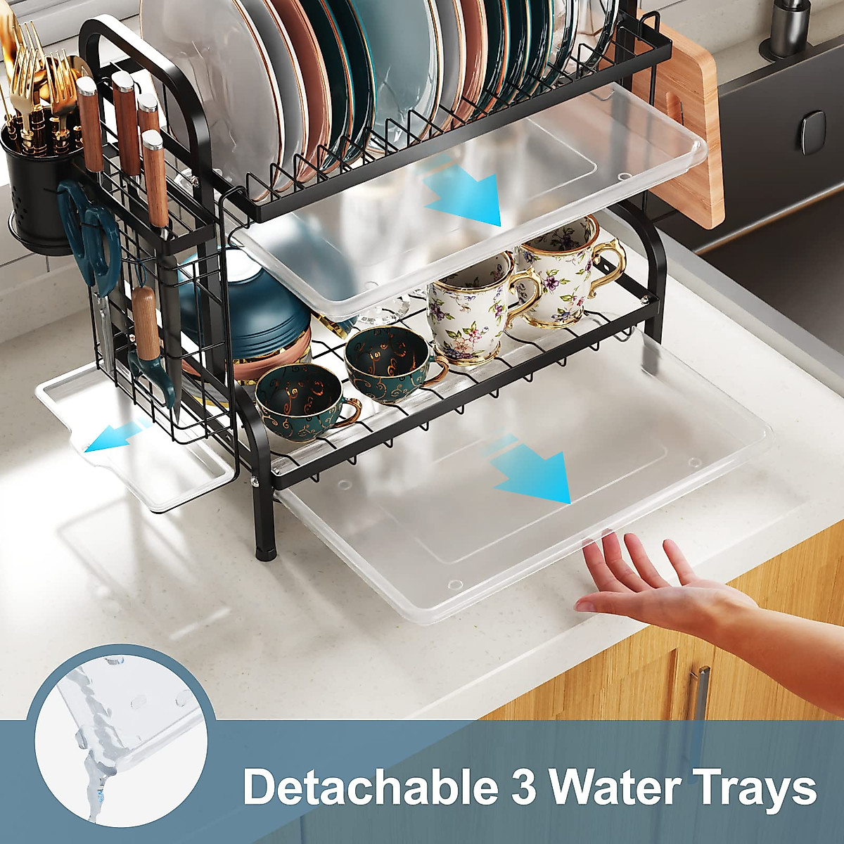 iSPECLE Dish Drying Rack - 2-Tier Dish Rack with Utensil Holder, Cutting Board Holder and Dish Drainer, Metal, for Kitchen Counter, Black