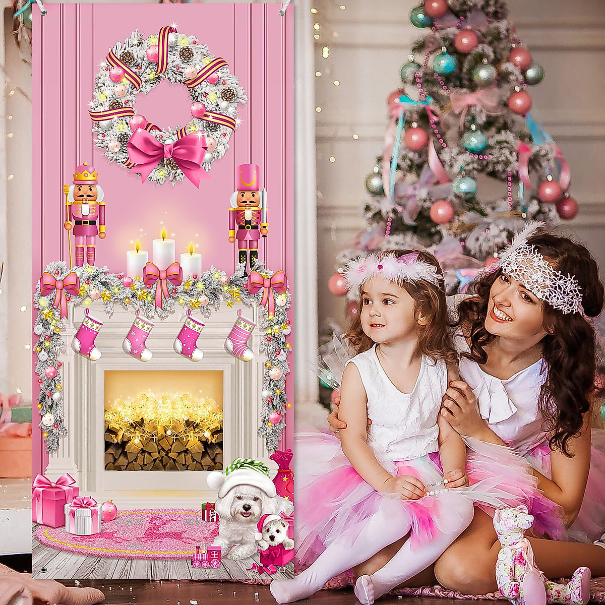 Buryeah Christmas Door Cover Decoration Christmas Fireplace Door Cover Xmas Nutcracker Banner Backdrop Photo Booth Prop Background for Holiday New Year Door Party Supplies 6.5 x 3 Feet (Pink Style)