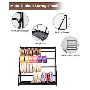 ZOMICE Ribbon Holder Organizer Rack with Storage Tray, 4 Tier Ribbon Spool Holder Stand,Metal Sewing Organizer Display Shelf for Craft Room,Cake Shop,Flower Store(On the Table & Wall Mounted)