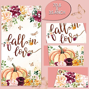 Fall in Love Door Cover Fall Bridal Party Decorations Autumn Floral Pumpkin Door Cover Backdrop Cover Decorations for Fall Anniversary,Wedding,Bride to Be Party