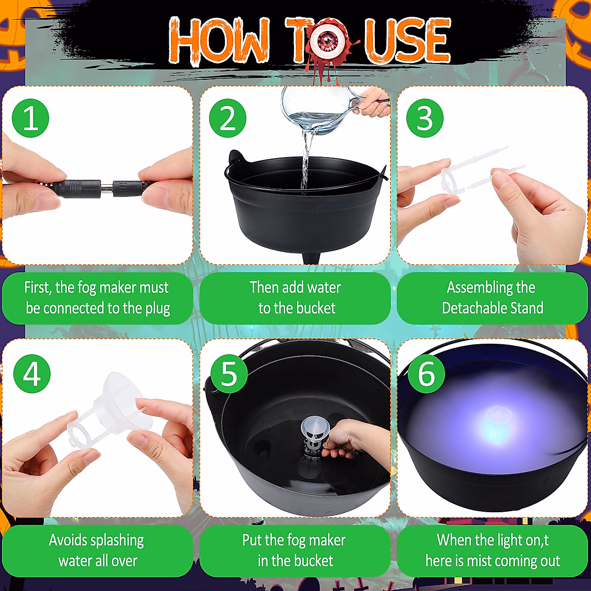 Mifoci 4pcs 14'' Plastic Halloween Cauldron Bowl with 12 LED Lights Mist Maker, Black, 16.0 oz, for Decoration and Favor