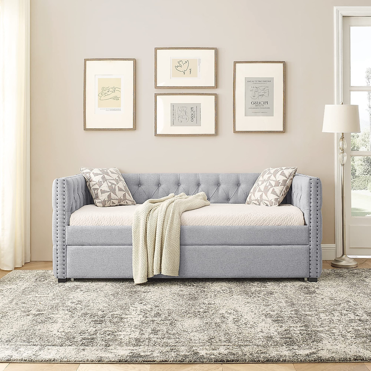 DS-HOMEPORT Daybed with Trundle, Upholstered Tufted Twin Sofa Bed with Button and Copper Nail on Square Arm (Grey)