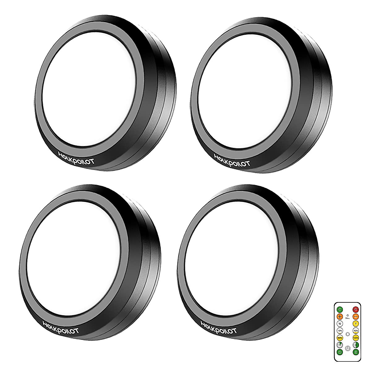 HOLKPOILOT Puck Lights with Remote Control, LED Under Cabinet Lights,Under Counter Light Battery Operated, Closet Light Dimmable,Wireless Under Cabinet Lighting, Stick On Lights(4PACK)