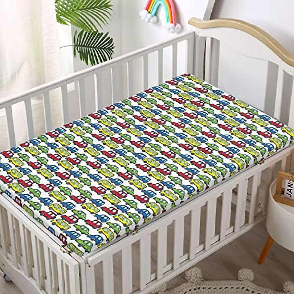 Car Themed Fitted Crib Sheet,Standard Crib Mattress Fitted Sheet Ultra Soft Material-Crib Mattress Sheet or Toddler Bed Sheet, 28“ x52“,Multicolor