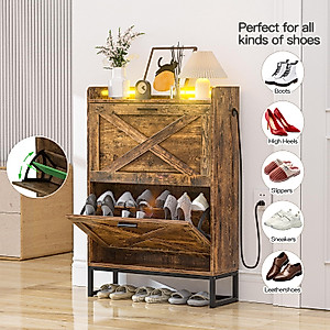 HAIOOU 2 Drawer Industrial Shoe Cabinet, Slim Freestanding Wood Shoe Rack Storage Organizer Stand with Flip Doors, Open Storage Shelf, Anti Toppling for 15-18 Pairs Rustic Brown