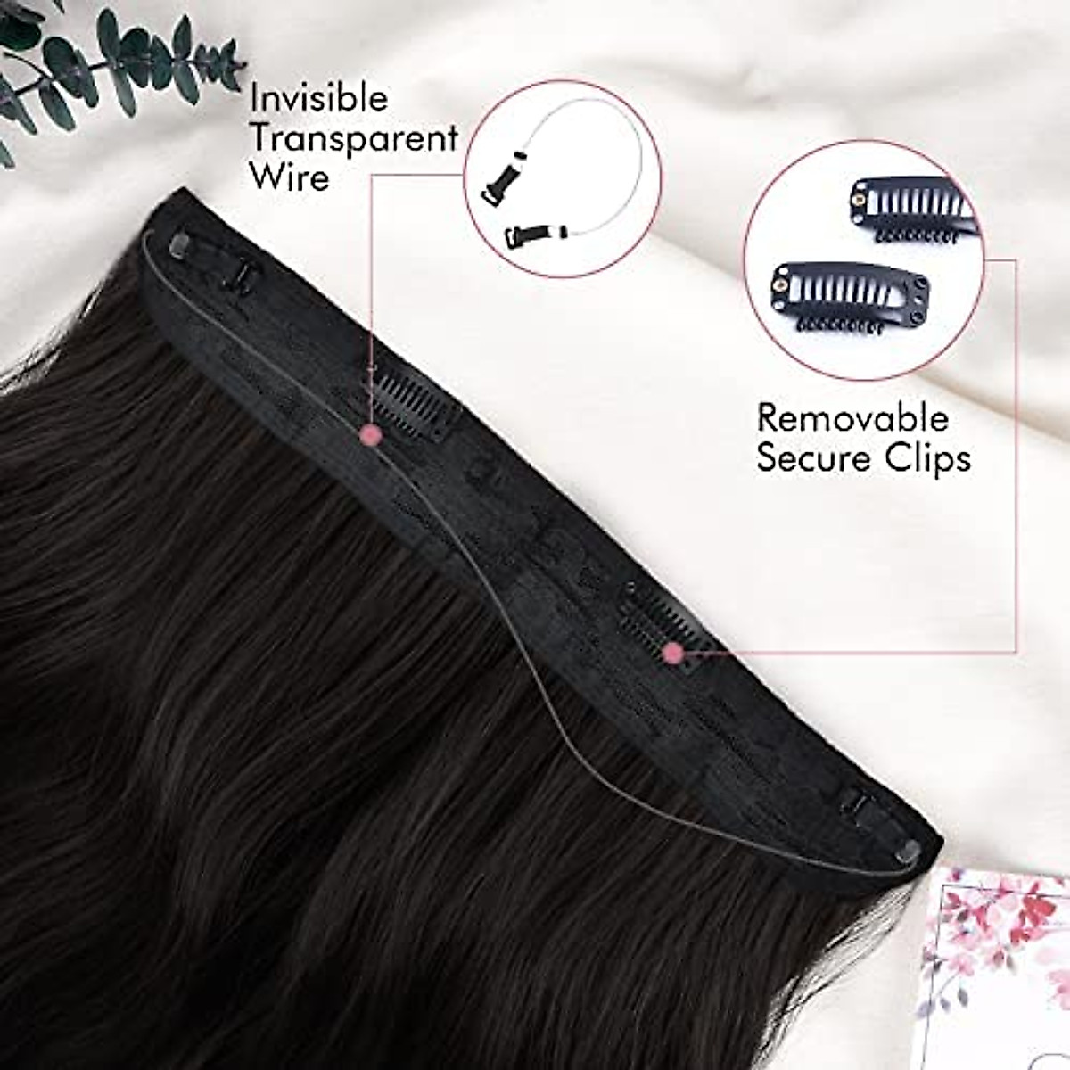 REECHO Invisible Wire Hair Extensions with Transparent Headband Adjustable Size Removable Secure Clips in Curly Wavy Secret Hairpiece for Women 20 Inch - Dark Chocolate Brown with Golden blonde mixed