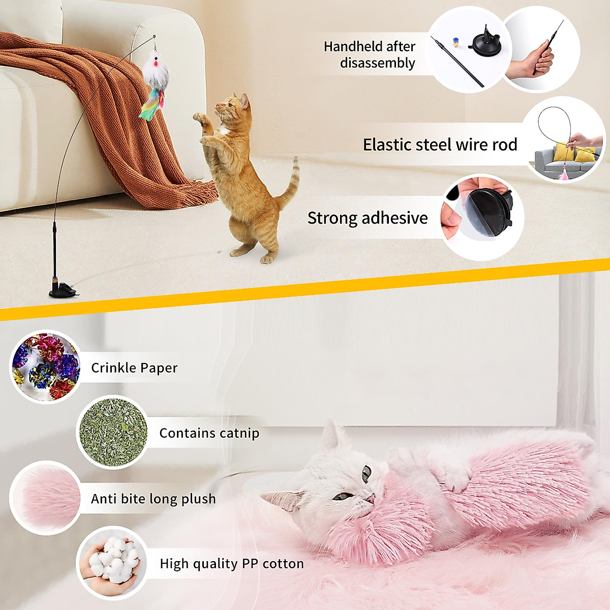 Janbenty 4-in-1 Interactive Cat Feather Toys Durable Retractable Fishing Pole Cat Toy Enhanced Suction Cup Cat Catnip Toy 14 Wand Replacement Door Hanging Cat String Toy for Bored Indoor Kitten