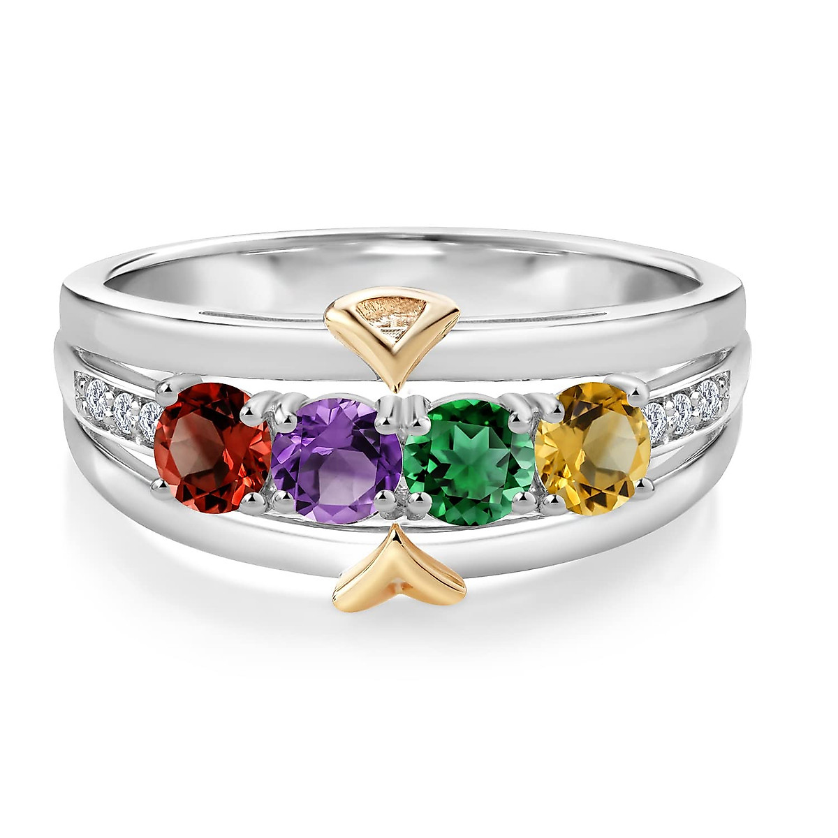 Gem Stone King 925 Sterling Silver and 10K Yellow Gold Engraving Customized and Personalized Build Your Own 4-Stone 4MM Round Birthstones and White G-H Lab Grown Diamond Band Ring For Women (Size 8)