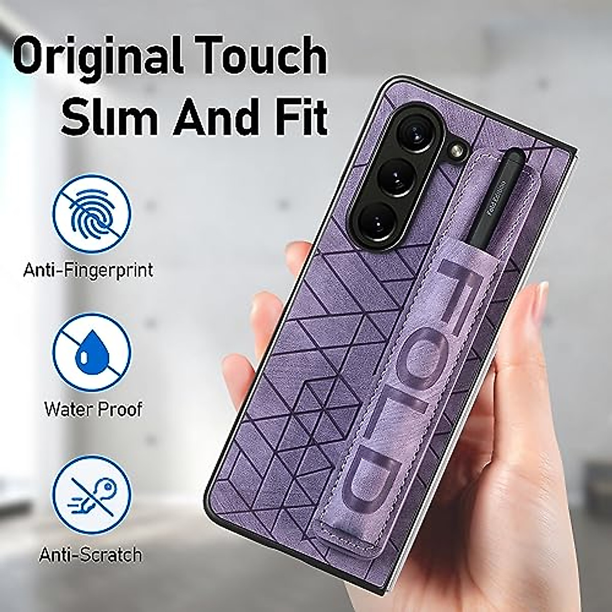 Bizzib for Samsung Galaxy Z Fold 5 Case, Leather TPU Slim Fit Shockproof Full Body Protective Cover with Flexible Grip Strap Compatible with Galaxy Z Fold 5-Purple