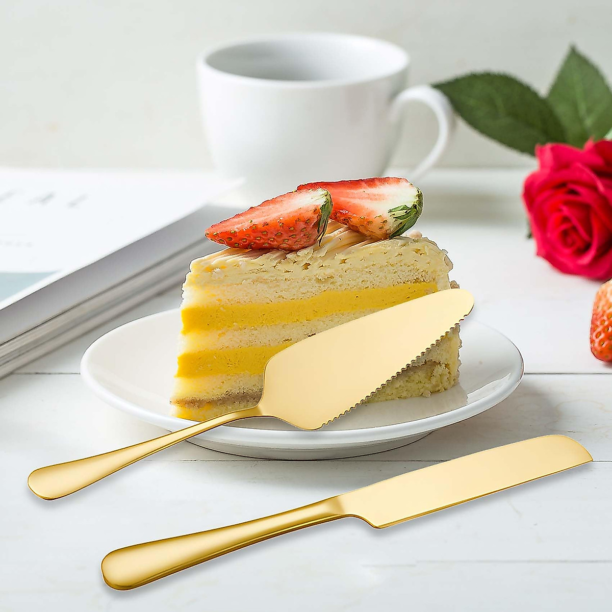 Zoyiancy Wedding Cake Knife and Server Set, Gold Cake Cutting Set, Stainless Steel Cake Cutter Slicer, Cake Cutter Set for Wedding, Birthday, Parties and Events