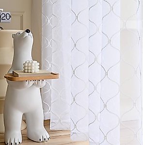 Embroidered Wave Diamond Sheer Curtains White 95 Inches, Window Treatments Rod Pocket Drapes for Living room, Bedroom, Semi Voile Curtain Panels for Yard, Patio, Villa, Parlor, Set of 2, 52"x95".
