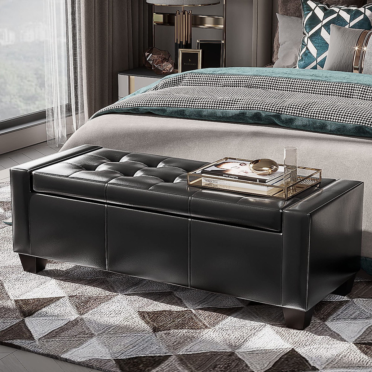 HOMCOM Large 51" Storage Ottoman, Tufted Faux Leather Storage Bench for Living Room, Entryway, or Bedroom, Black