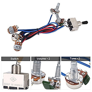 Guitar Wiring Harness, 3 Way Switch 2 Volume 2 Tone 1 Jack 500K Pots Compatible with Guitar Performance Accessory