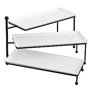 Kanwone 3 Tiered Serving Stand with White Porcelain Platters, Swivel Food Display Stand, 14.5" x 6" Tier Serving Trays with Black Metal Stand for Entertaining, Dessert Stand