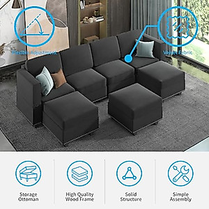 Mjkone Modular Sectional Sofa with Adjustable Armrest and Backrest for Living Room，U Shaped Couch 7 Seater Convertible Sectional Couch with Storage Ottoman -Dark Grey