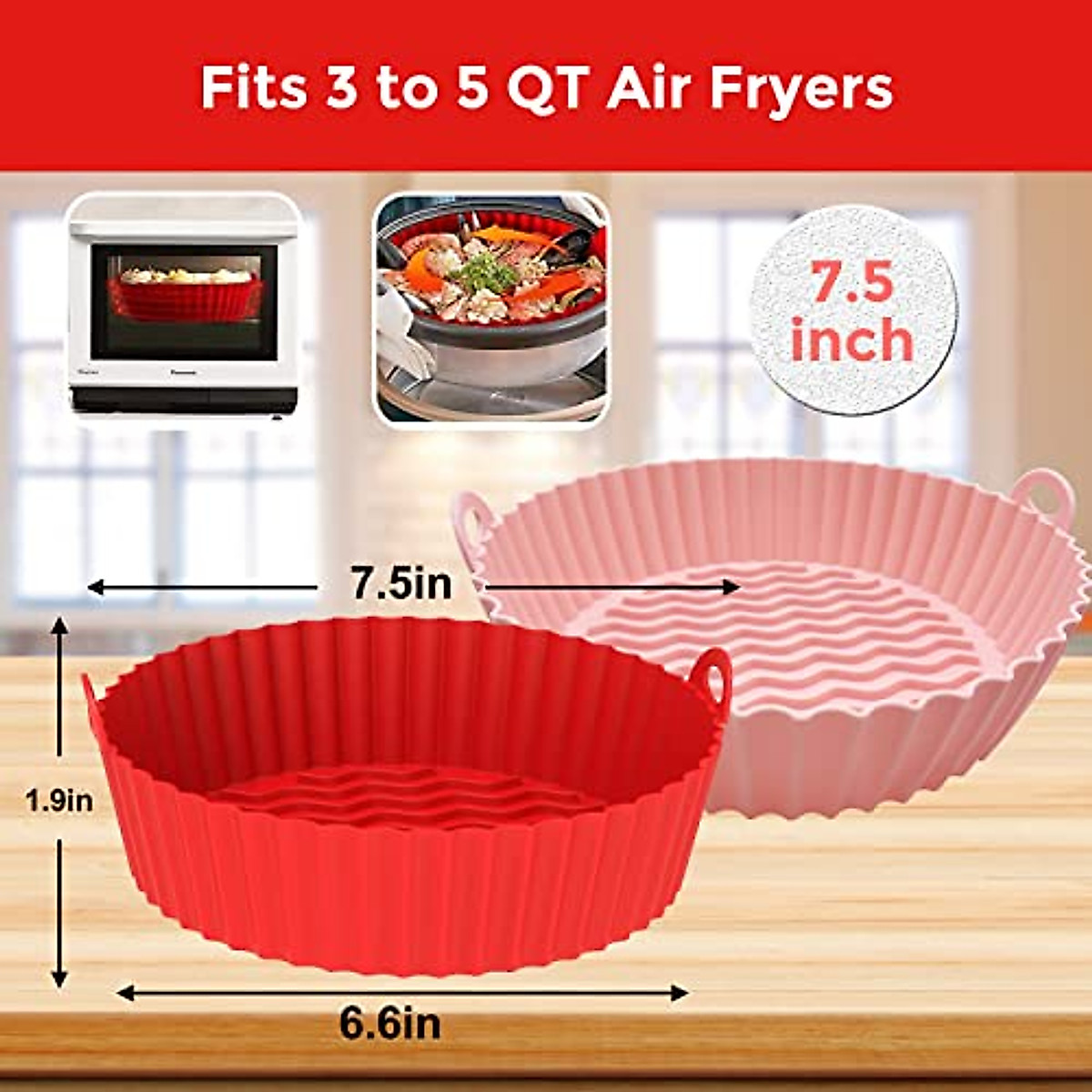 Silicone Air Fryer Liners, 7.5'' Pink 3 to 6 QT Round Reusable Air Fryer Silicone Bowls Pots Basket Covers Replacement of Parchment Paper for COSORI Ninja Air Fryers Oven Accessories