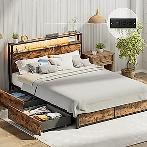 Fluest Full Bed Frame with Headboard Storage Drawers Metal Bed Frame with Storage LED Lights Headboard Built-in Charging Station USB&Type-C Ports,No Box Spring Needed,Mattress Foundation,Vintage Brown