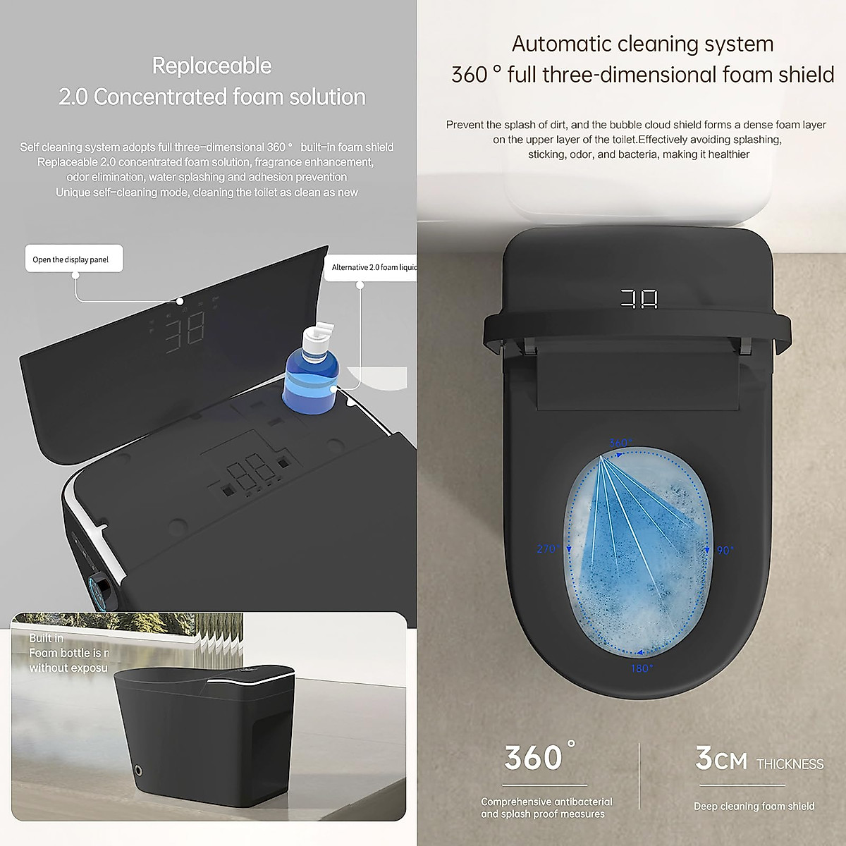Black Smart Toilet with Auto Open/Close Lid and Foam Shield, Modern One Piece Tankless Toilet with Bidet Built In, Heated Seat, Warm Water, Warm Air Drying, Foot Sensor Operation.