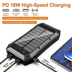 ABFOCE Solar Power Bank 36800mAh 12V1.5A 18W PD QC 3.0 USB C Fast Charging 10W Wireless Portable Charger with 4 Outputs and 44 LED Lights, IP65 Waterproof Battery Pack Compatible with iPhone, Android