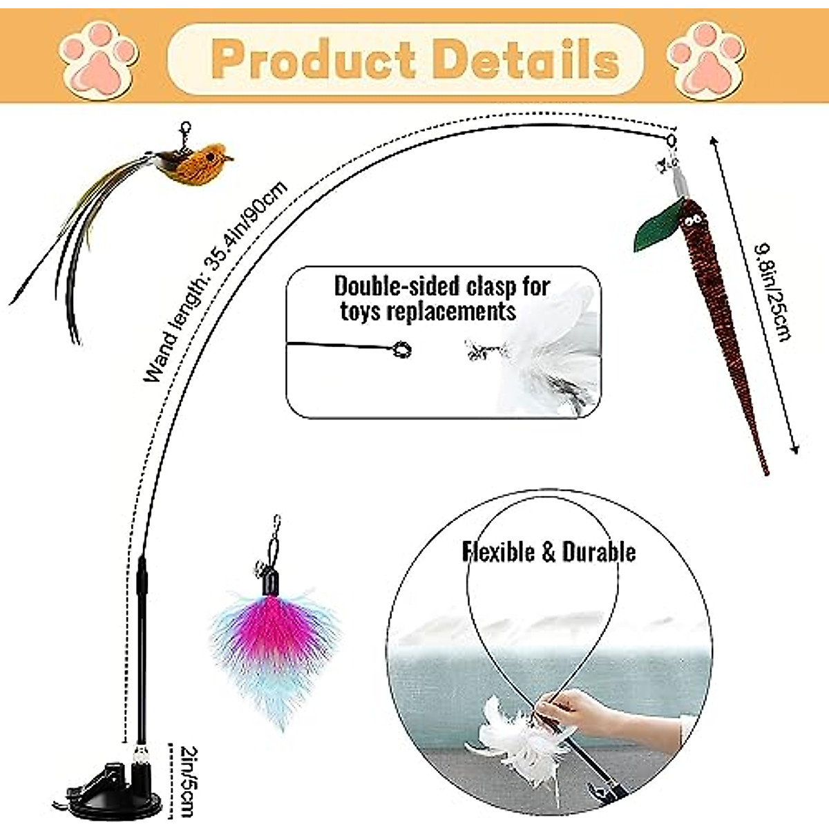 Jetczo Cat Feather Toys, Interactive Cat Wand Toys with Super Suction Cup Detachable 5 PCS Feather Replacements with Bell, 2 Teaser Wand Cat Spring Feather Toys for Indoor Cats Kitten Exercise (Set 3)