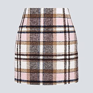 OutTop Plaid Short Skirts for Women High Waist Wool Bodycon Plaid Skirts Casual A Line Mini Pencil Skirts Knee Length