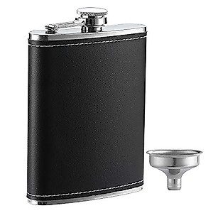 YWQ 1 Pack Flask for Liquor and Funnel, Premium 8 Oz Leak Proof 18/8 Stainless Steel Pocket Hip Flask with Black Leather Cover, Great Gift Idea Flask