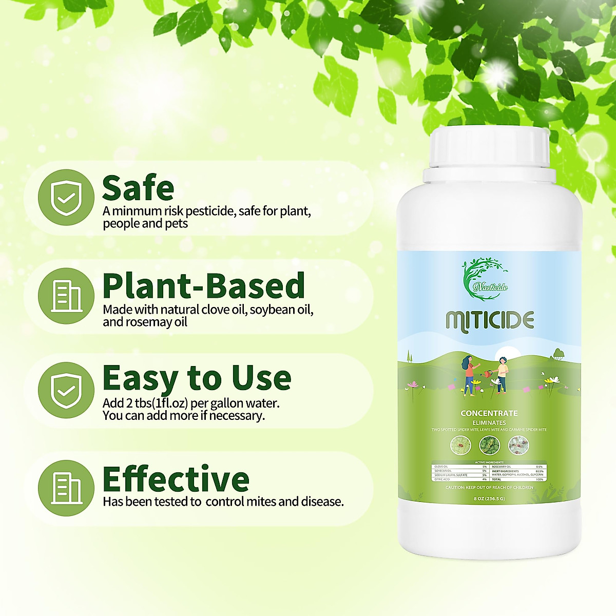 Nasticide Natural Miticide for Plants, Pesticide Concentrate Spray, Organic Disease Control Miticide for Lawns, Eliminates Two Spotted Spider Mite, Lewis Mite, and Carmine Spider Mite