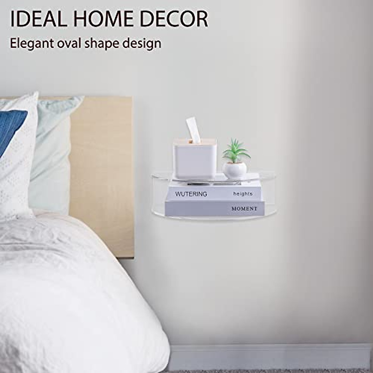 HMYHUM Acrylic Floating Nightstand, Wall Mounted Bedside Table for Bedroom, Hanging, 10 lbs Load, Oval, 14" L x 8 "W x 4" H, Clear