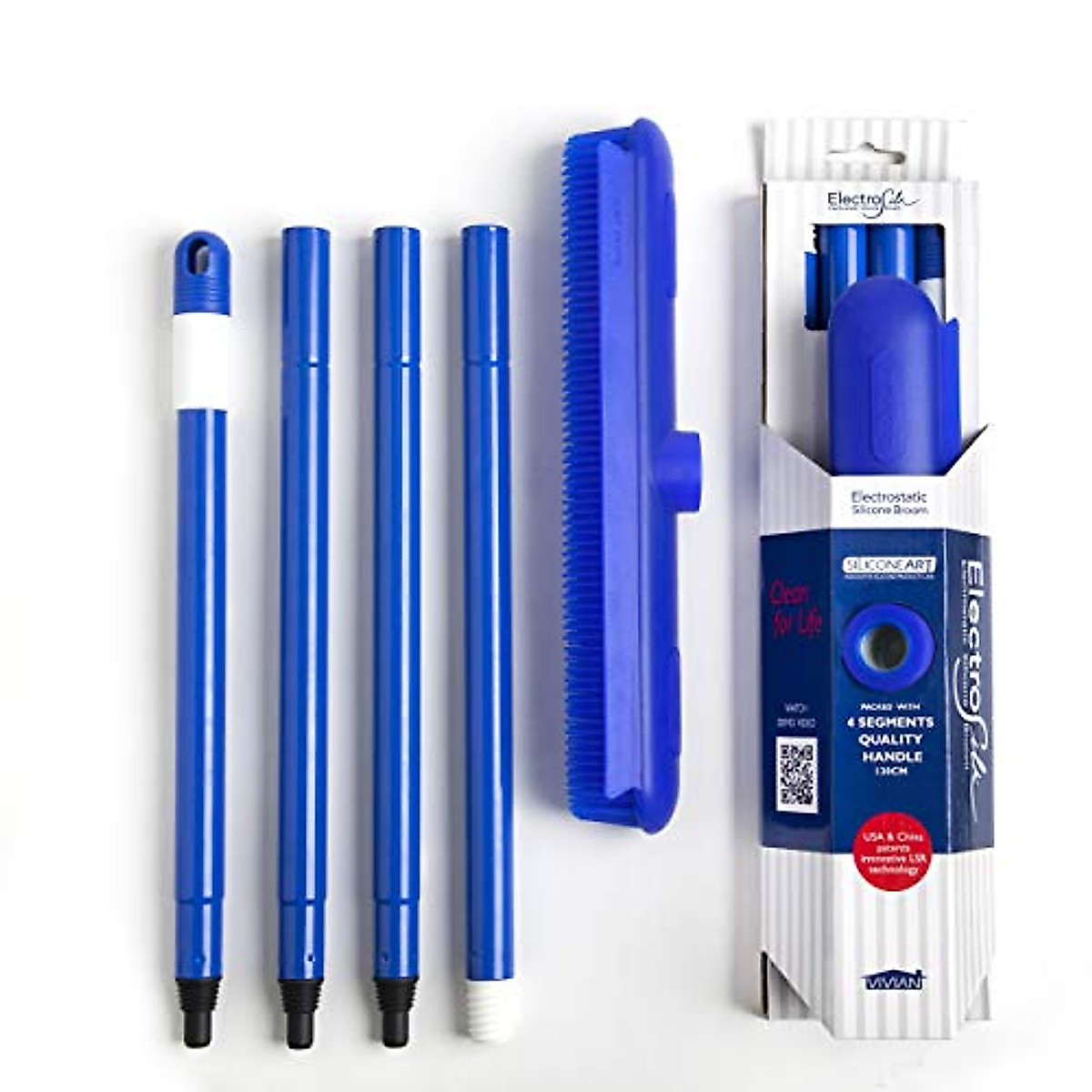 ElectroSilk Silicone Bristle Push Broom Carpet Rake Squeegee for Dust, Human and Pet Hair Remover, Multi-Tool Mop for Floor Cleaning, Adjustable Handle Up to 64 in Long, Cat Dog Fur Cleaning Supplies