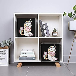 Unicorn Eating Delicious Donuts Foldable Storage Bins Printd Fabric Cube Baskets Boxes with Handles for Clothes Toys, 11x11x11