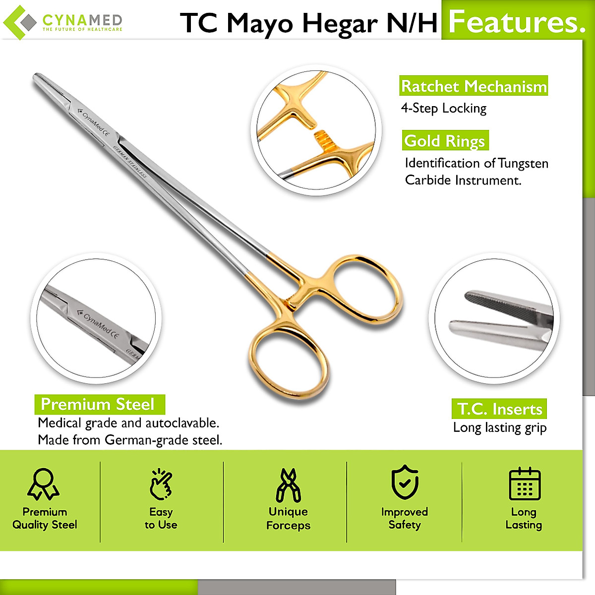 Cynamed TC Mayo Hegar Needle/Suture Holder Driver with Tungsten Carbide Inserts and Gold Rings - Premium Grade Instrument (7 in.)