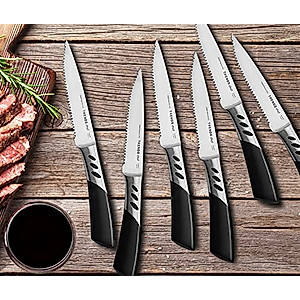 TRENDS Premium Steak Knives Set of 6. Double Forged Premium Stainless Steel. 5 Inch Blades. Serrated Steak Knives Set. Ultra-Sharp and Never Require Sharpening. Your Ultimate Steak Knife Set of 6.