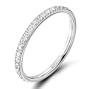 TIGRADE 2mm Women Titanium Eternity Ring Cubic Zirconia Anniversary Wedding Engagement Band Size 3-13, Silver, Size 6.5