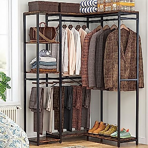 Tribesigns L-Shaped Clothes Rack for Corner, Heavy Duty Garment Rack with Shelves and Hanging Rods, Freestanding Closet Wardrobe Rack Metal Clothing Rack for Bedroom, Capacity 500lbs