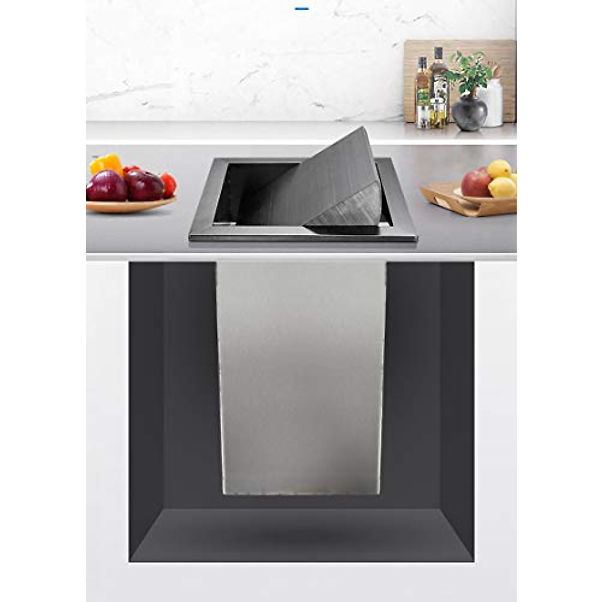 Square Trash and Waste Chute Lid Built-in Countertop- 304 Stainless Steel Balance Flap Cover, Brushed Surface Trash Grommet Swing Trash Can Lid (Silver)