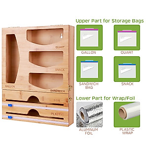 PUNNIO 6 in 1 Ziplock Bag Organizer/Foil & Plastic Wrap Dispenser Cutter, Wall Mounted for Storage, Gallon Quart Sandwich Snack