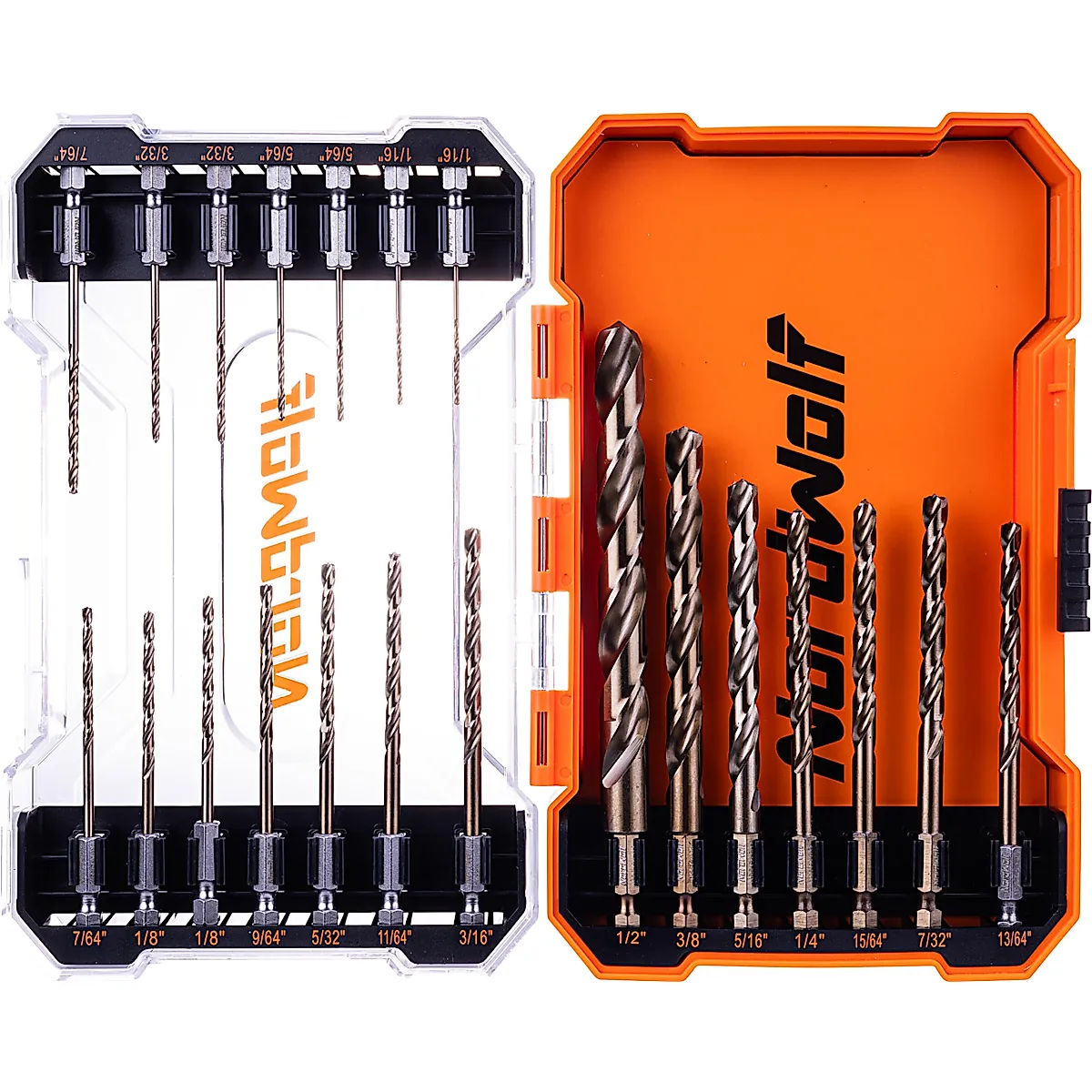 NordWolf 21-Piece M35 Cobalt Drill Bit Set for Stainless Steel, Hard Metals & Cast Iron, Jobber Length with 1/4" Hex Shank, SAE Sizes 1/16" to 1/2" in Storage Case