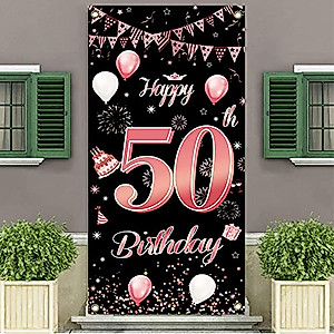 DegGod Happy 50th Birthday Backdrop Banner, Extra Large Rose Gold Birthday Sign Poster Photo Booth Props for Men Women Birthday Party Background Decoration Supplies (Pink,50th)