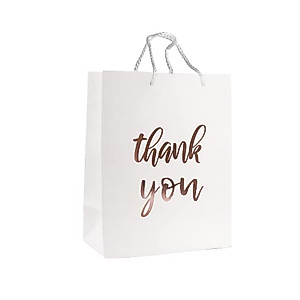 12 Pack Thank You Gift Bags - Elegant Paper Gift Bags With ‘’Thank You’’ Embossed In Rose Gold Foil Letters - Perfect For Birthday Party, Wedding Party, Paper Favor Bags 4"x 7"x 9" Inches - White