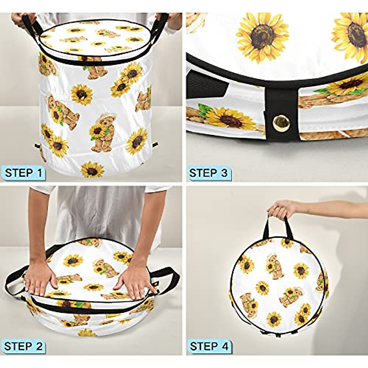 Bears Sunflowers Pop Up Laundry Hamper With Lid Foldable Laundry Basket With Handles Collapsible Storage Basket Clothes Organizer for Travel Picnic Camp