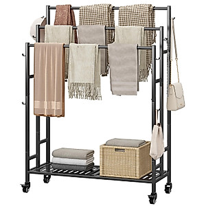 SORCEDAS Towel Rack 3 Tier Free Standing Metal Towel Stand with Storage Shelf and Wheel for Extra Large Towel Blanket Drying (Black)