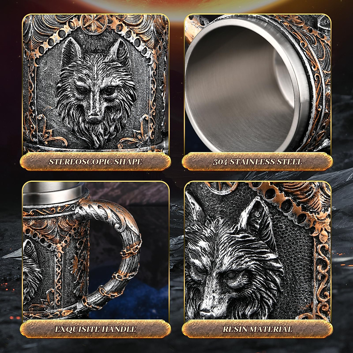 Nordic Viking Rune Mug - Beer Tankard Cup for Men - Stainless Steel Wooden Viking Coffee Cool Mug - Viking Gift and Norse Decor - Medieval Design - Ideal Beer Stein