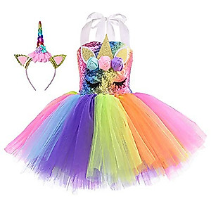 Viyorshop Girls Unicorn Costume LED Light Up Tutu Dress Up Birthday Gifts Princess Dress for Halloween Party(Rainbow Sequins, 7-8 Years)