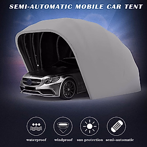 Folding Mobile Carport, Portable Stainless Steel Car Tent, Semi-Automatic Simple Outdoor Garage Car Cover, Durable Rainproof Awning, for Cars/Sedans, Grey