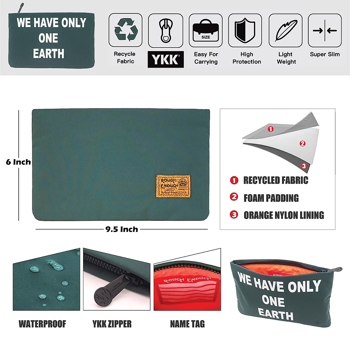 Rough Enough Large Pencil Case Pouch Storage Waterproof Bag with YKK Zipper for Preppy School Student Teen Art Supplies Green We Have Only One Earth Logo