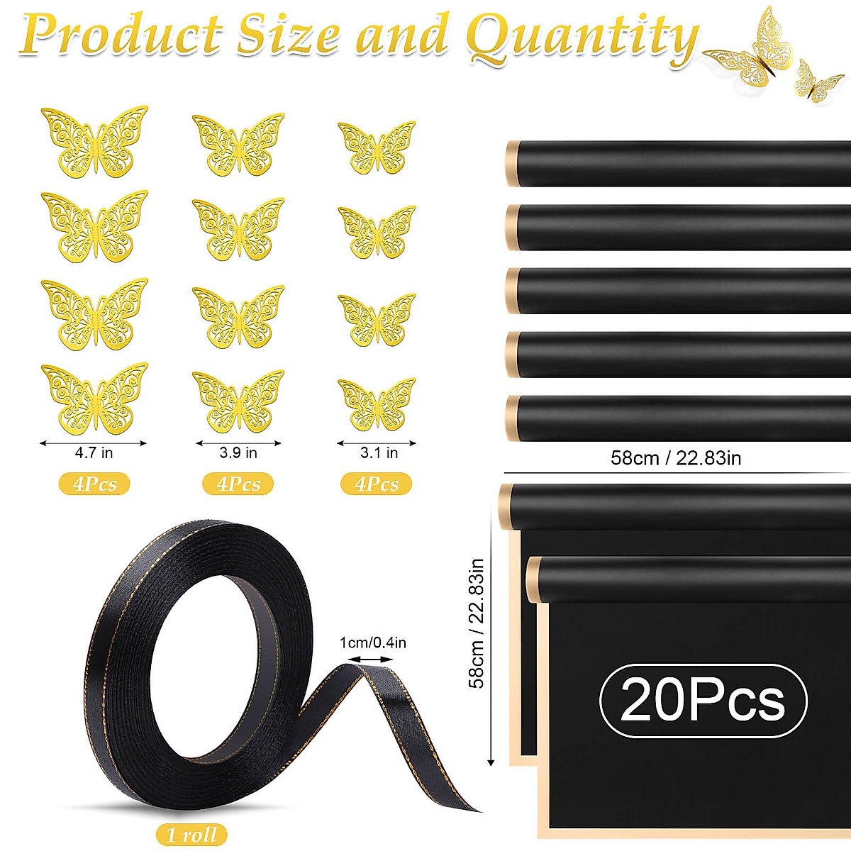 Tetutor Waterproof Flower Wrapping Paper,20 Sheets Bouquet Wrapping Paper Sheets, Floral Wrapping Paper Bouquet With Ribbons 3D Butterflies for Florist Wrap Wedding Birthday