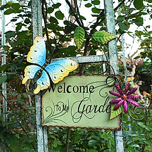 E-view Metal Welcome Sign Rustic Wall Hanging Plaque - Decorative Welcome Flower Signs for Porch Front Door Farmhouse Home Decoration Garden Themed Wreath Ornament (Green)
