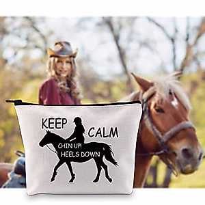 G2TUP Horse Lover Gift Keep Calm Chin Up Heels Down Makeup Bag Cowgirl Equestrian Rider Cosmetic Bag Horse Riding Gift Horse Zipper Travel Bag (Chin Up Heels Down White Bag)
